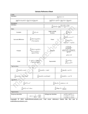 Calculus - mathreferencesheets.com