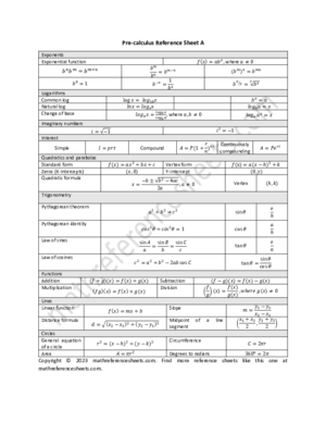 Pre-calculus - mathreferencesheets.com